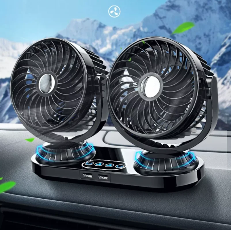 360° Dual Head Car Fan with USB Ports and Touch Control - Gear Present